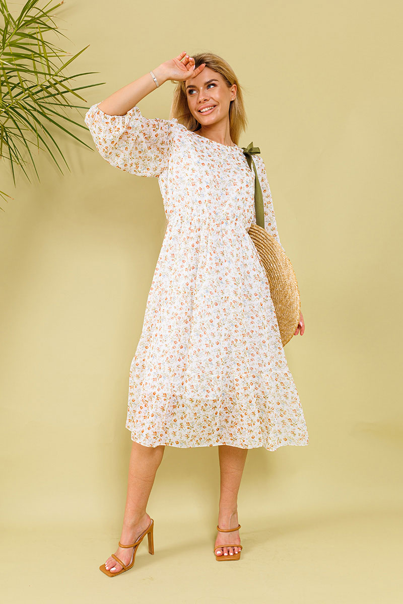 Купить платья миди NikVa 366.3d молоко + рыжие цветы - Описание, фото, цена
